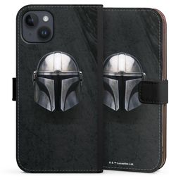 DeinDesign iPhone 14 Plus Handy Klapph&uuml;lle Handyh&uuml;lle aus Kunst Leder schwarz Flip Case Star Wars Official Licensed Product The Mandalorian Sideflip mit langer 