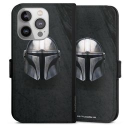 DeinDesign iPhone 14 Pro Handy Klapph&uuml;lle Handyh&uuml;lle aus Kunst Leder schwarz Flip Case Star Wars Official Licensed Product The Mandalorian Sideflip mit langer 