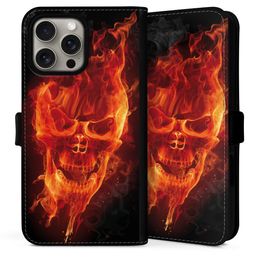 DeinDesign iPhone 16 Pro Handy Klapph&uuml;lle Handyh&uuml;lle aus Kunst Leder schwarz Flip Case Totenkopf Fire Skull Sideflip mit Lasche