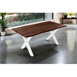 Esstisch 180x90 cm Baumkante Holz Nussbaum-Optik X-Gestell Metall wei&szlig; JOSY