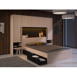 Vente-unique Bett mit Stauraum & LEDs + Lattenrost - 140 x 190 cm - Naturfarben & Schwarz - VELONA 1440955
