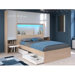 Vente-unique Bett mit Stauraum + Lattenrost + Matratze - 140 x 190 cm - Mit LED-Beleuchtung - Holzfarben & gl&auml;nzend wei&szlig; - VELONA 2584317