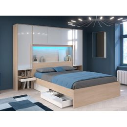 Vente-unique Bett mit Stauraum 160 x 200 cm mit LED-Beleuchtung + Lattenrost - Holzfarben & gl&auml;nzend wei&szlig; - VELONA 2584315