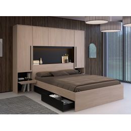 Vente-unique Bett mit Bett&uuml;berbau, Stauraum & LEDs + Lattenrost - 160 x 200 cm - Naturfarben & Schwarz - VELONA 1440953