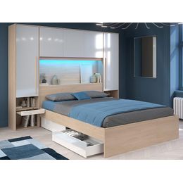 Vente-unique Bett mit Stauraum + Lattenrost + Matratze - 160 x 200 cm - Mit LED-Beleuchtung - Holzfarben & gl&auml;nzend wei&szlig; - VELONA 2584319