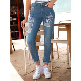 WITT Damen Jeans mit bedruckten Patches, blue-bleached, Gr&ouml;&szlig;e 44
