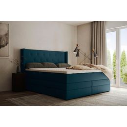Boxspringbett Home Affaire "Elegance", blau (t&uuml;rkis), B:161cm L:210cm, Samtoptik (100% Polyester);Struktur (100% Polyester), Komplettbetten, Boxspringbett, mit sch&ouml;ner Knopfheftung, in den H&auml;rtegraden H2 & H3, inkl. Schubladen
