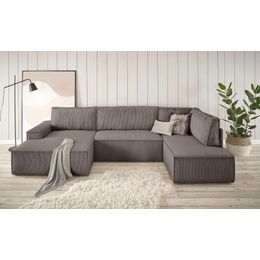 Wohnlandschaft Home Affaire "SHERWOOD U-Form, 329 cm - OTTO. Verl&auml;ssliche Qualit&auml;t.", beige (taupe), B:329cm H:85cm T:195cm, 100% Polyester, Sofas, Wohnlandschaft, Schlaffunktion m. Bettkasten (194x139 cm), Cord, Vintage, Samtvelours