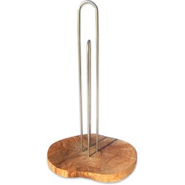 K&uuml;chenrollenhalter OLIVENHOLZ-ERLEBEN "DESIGN mit Edelstahlstangen und Olivenholz", beige (natur, edelstahlfarben), B:20cm H:35cm L:20cm T:20cm &Oslash;:20cm, Edelstahl, Massivholz, K&uuml;chenrollenhalter, Fu&szlig; aus rustikaler Olivenholzscheibe, Edelstahlstangen, H&ouml;he ca. 33 cm