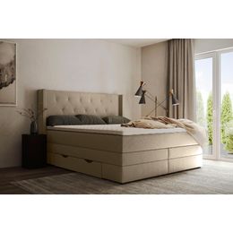 Boxspringbett Home Affaire "Elegance", beige (natur), B:181cm L:210cm, Samtoptik (100% Polyester);Struktur (100% Polyester), Komplettbetten, Boxspringbett, mit sch&ouml;ner Knopfheftung, in den H&auml;rtegraden H2 & H3, inkl. Schubladen