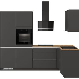 Winkelk&uuml;che IMPULS K&Uuml;CHEN ""Dublin", Anti Fingerprint Oberfl&auml;che, Schubk&auml;sten mit Soft-Close", grau (k&uuml;che: grau, front: grafit, korpus: grafit, arbeitsplatte: vintage eiche, nachbildung), B:460cm H:222cm T:60cm, Komplettk&uuml;chen-Sets, vormontiert, wahlweise mit E-Ger&auml;ten, mit Vollauszug, Breite 460 cm