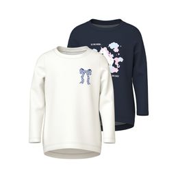 Langarmshirt name it "NMFVIX 2P LS TOP", M&auml;dchen, Gr. 98, blau (navy blazer pack:cloud dancer, dot bow), Jersey, Obermaterial: 95% Baumwolle, 5% Elasthan, bedruckt, regular fit normal, Rundhals, Shirts Langarmshirt