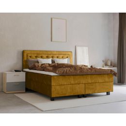 Boxspringbett Home Affaire "Jeanne", gelb (mustard), B:181cm L:208cm, 100% Polyester, Komplettbetten, Boxspringbett, inkl. Topper mit Taschen-Federkernmatratze