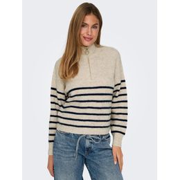 Strickpullover Only "ONLTOKYO L/S ZIP PULLOVER KNT NOOS", Damen, Gr. L, beige (pumice stone stripes:blau stripes), Strick, Obermaterial: 79% Polyester, 13% Polyacryl, 5% Wolle, 3% Elasthan, gestreift, regular fit normal, hoch geschlossener Ausschnitt, Rippbündchen, Pullover Strickpullover