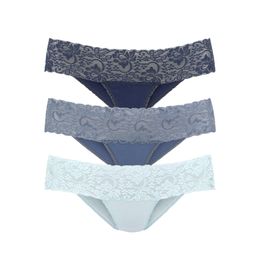 Brasilslip Vivance, Damen, Gr. 40/42, blau (eisblau, rauchblau, navy), Single Jersey, Obermaterial: 95% Baumwolle, 5% Elasthan. Spitze: 93% Polyamid, 7% Elasthan (LYCRA), unifarben, bequem, Unterhosen, aus elastischer Baumwolle mit floraler Spitze