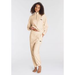 Pyjama Fila, Damen, Gr. M, beige (uni), Sweatware, Obermaterial: 100% Baumwolle, unifarben, bequem lang, elastischer Bund, Homewear-Sets Pyjama