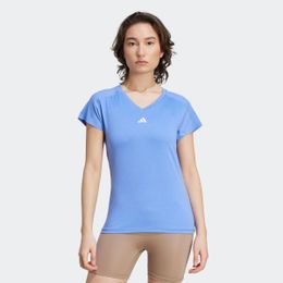 T-Shirt adidas Performance "WE MIN T", Damen, Gr. S, blau (blau fusion), Obermaterial: 93% Polyester, 7% Elasthan, V-Ausschnitt, Shirts T-Shirt, Trainingsshirt, feuchtigkeitsabsorbierend mit V Ausschnitt