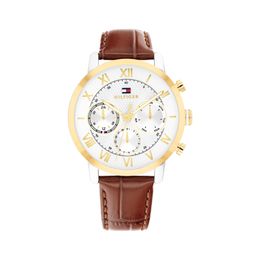 Tommy Hilfiger Damen Multifunktionsuhr "TH-OXFORD"braun, goldfarben, Armbanduhren, Quarzuhr, Armbanduhr, Herrenuhr, Lederarmband, analog