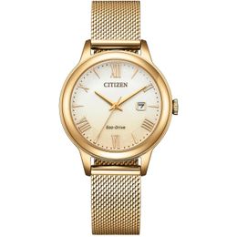 Citizen Damen Solaruhr, gold, Armbanduhren, Armbanduhr, Damenuhr, Edelstahlarmband, analog, Datum, Eco-Drive
