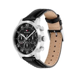 Tommy Hilfiger Herren Multifunktionsuhr "TH-OXFORD"schwarz, edelstahlfarben, Armbanduhren, Quarzuhr, Armbanduhr, Herrenuhr, Lederarmband, analog