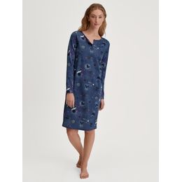 Calida Damen Nachthemd "Flower Nights", Gr. Lcobalt blau, Single Jersey, Obermaterial: 100% Baumwolle, Kleider, Knopfleiste, Rundhals-Ausschnitt,