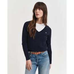 Gant Damen Strickpullover "STRETCH COTTON CABLE V-NECK", blau, Gr. XL, Zopfmuster, Strick, Obermaterial: 88% Baumwolle, 10% Polyamid, 2% Elasthan,
