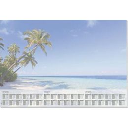 Sigel Papier-Schreibunterlage, Palmenstrand, blau, ca. A2, Kalender 2026/2027/2028, DE/EN/FR/NL, 30 Blatt