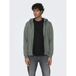 Only & Sons Kapuzensweatjacke ONLY & SONS "ONSCERES ZIP THR. HOODIE SWEAT NOOS", Herren, Gr. XXL, grau (castor gray), angeraute Sweatware, Obermaterial: 65% Baumwolle, 35% Polyester, unifarben, regular fit normal, ohne Ausschnitt, Rippbündchen, Sweatjacken