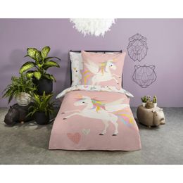Good Morning Kinderbettw&auml;sche &raquo;Unicorn&laquo; 2 Stk. tlg. Baumwolle, 135x200, Rei&szlig;verschluss, Wendeoptik, M&auml;dchen, Einhorn, Rosa rosa/hellrosa...