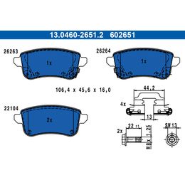 ATE Bremsbelagsatz, Scheibenbremse 13.0460-2651.2 hinten rechts links mit Zubeh&ouml;r f&uuml;r MITSUBISHI RENAULT NISSAN 440606659R MQ005265 44060-00Q3C