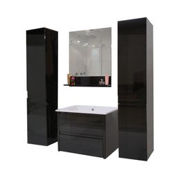 Badezimmerset MCW-B19, Waschtisch Wandspiegel 2x H&auml;ngeschrank, hochglanz ~ schwarz