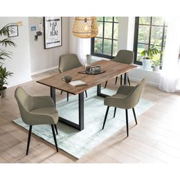 Essgruppe Salesfever "Stilvolle Essgruppe f&uuml;r Ihr Zuhause", gr&uuml;n (walnuss, gr&uuml;n, schwarz, gr&uuml;n, schwarz), Strukturstoff, Esstisch Nussbaum, Esszimmerstuhl gr&uuml;n,90, Massivholz, Metall, Polyester, Sitzm&ouml;bel-Sets, Essgruppe, 5-teiliges Set, Tischplatte mit seidenmattem OSMO Hartwachs-&Ouml;l behande