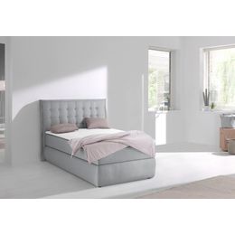 Boxspringbett Home Affaire "Sagres", grau, B:115cm L:210cm, Feinstruktur(100% Polyester);Bezug der Spiegelfl&auml;che Matratzendrell aus 100% Polyester, Komplettbetten, Boxspringbett, Kopfteil mit 2farbiger Flatterbiese und zweifarbigen Kn&ouml;pfen