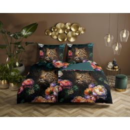 Wendebettw&auml;sche Descanso "Mizz", blau (petrol), B/L: 135cm x 200cm, 1 Stk., 1 Stk., Satin, B/L: 80cm x 80cm, 2 Stk., Satin, Obermaterial: 100% Baumwolle, Bettw&auml;sche, Wendebettw&auml;sche, Baumwolle, Mako Satin, 135x200, Biese, Rei&szlig;verschluss, Wende, Leopard