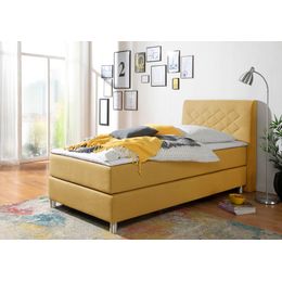 Boxspringbett Home Affaire "Parla", gelb (curry), L:218cm, 100% Polyester, Komplettbetten, Boxspringbett, incl. Topper, 4 Farben in 4 Breiten, 2 H&auml;rtegraden, 3 Matratzenarten