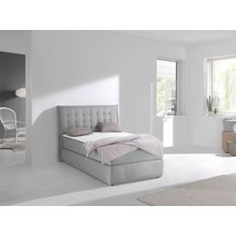 Boxspringbett Home Affaire "Sagres", grau, B:115cm L:210cm, Feinstruktur(100% Polyester);Bezug der Spiegelfl&auml;che Matratzendrell aus 100% Polyester, Komplettbetten, Boxspringbett, Kopfteil mit 2farbiger Flatterbiese und zweifarbigen Kn&ouml;pfen