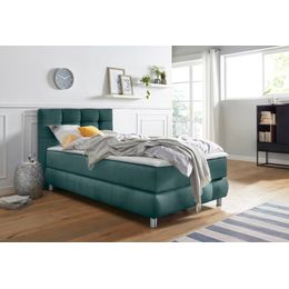 Boxspringbett Home Affaire "Salo", blau (petrol), B:104cm L:211cm, Struktur (100% Polyester);Bezug der Spiegelfl&auml;che Matratzendrell aus 100% Polyester;Samtoptik (100% Polyester), Komplettbetten, Boxspringbett, incl. Topper, 6 Breiten, 2 H&auml;rtegrade, TFK auch in H&auml;rtegrad 4