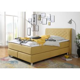 Boxspringbett Home Affaire "Parla", gelb (curry), L:218cm, 100% Polyester, Komplettbetten, Boxspringbett, incl. Topper, 4 Farben in 4 Breiten, 2 H&auml;rtegraden, 3 Matratzenarten