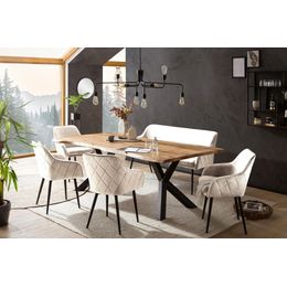Eckbankgruppe Salesfever "Eckbankgruppe im Landhausstil", beige (creme, natur, schwarz, schwarz), B:200cm H:76,5cm T:100cm, Massivholz, Metall, Polyester, Sitzm&ouml;bel-Sets, Eckbankgruppe, R&uuml;ckenfl&auml;che mit aufw&auml;ndiger Rautensteppung