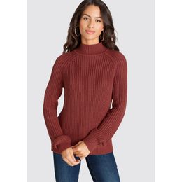 Strickpullover Laura Scott, Damen, Gr. 44, braun (cognac), Grobstrick, Obermaterial: 50% Baumwolle, 50% Polyacryl, clean, unifarben, l&auml;ssig geschnitten h&uuml;ftlang, hoch geschlossener Ausschnitt, B&uuml;ndchen, Pullover Strickpullover, aus Grobstrick mit Stehkragen