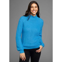 Strickpullover Laura Scott, Damen, Gr. 38, blau (royalblau), Grobstrick, Obermaterial: 50% Baumwolle, 50% Polyacryl, clean, unifarben, l&auml;ssig geschnitten h&uuml;ftlang, hoch geschlossener Ausschnitt, B&uuml;ndchen, Pullover Strickpullover, aus Grobstrick mit Stehkragen