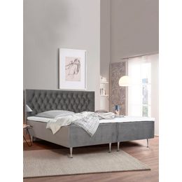 Boxspringbett Home Affaire, B:141cm L:208cm, grau, Samtoptik (100% Polyester), Komplettbetten, "Exclusive", inkl. Topper, 3 Breiten, 3