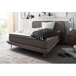Boxspringbett Home Affaire, braun, Strukturstoff-Bezug (100% Polyester), Komplettbetten, "Premium", Steppung mit Knopfheftung, inkl. Topper