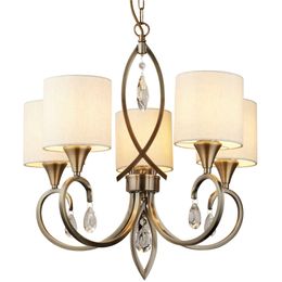Searchlight Kronleuchter "Alberto 5Lt Pendant - Antique Brass, Crystal & Linen Shade", 5, &Oslash; 52cm H: 53cm, 1 Stk.antikmessing, klar und hafer,