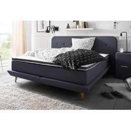 Boxspringbett Home Affaire, blau, Strukturstoff-Bezug (100% Polyester), Komplettbetten, "Premium", Steppung mit Knopfheftung, inkl. Topper