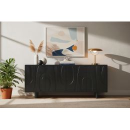 Sideboard Sit, B:180cm H:76cm T:43cm, schwarz, Massivholz, Wohnzimmer, Sideboards, mit Schnitzereien auf der Front