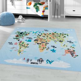 Kinderteppich, B:140cm H:6mm L:200cm, blau, Ayyildiz Teppiche, Polyamid, Teppiche, "PLAY 2917", robuster Kurzflor, bunte Weltkarte, Weltmeere, Tiere,