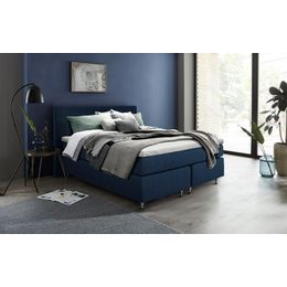 Boxspringbett Home Affaire, B:180cm L:200cm, blau, Komplettbetten, "Zahara", inkl. Topper, besonderes Highlight: aufgen&auml;hten Jeanstaschen - Optik