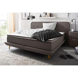Boxspringbett Home Affaire, braun, Strukturstoff-Bezug (100% Polyester), Komplettbetten, "Premium", Steppung mit Knopfheftung, inkl. Topper