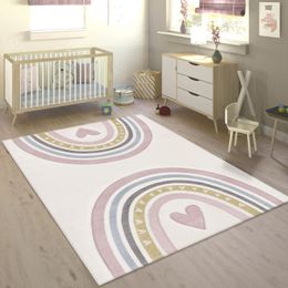 Kinderteppich Paco Home, B:140cm H:16mm L:200cm, pink, Polypropylen (PP), Teppiche, "Cosmos 351", Kurzflor, Spielteppich, Motiv Regenbogen & Herz,